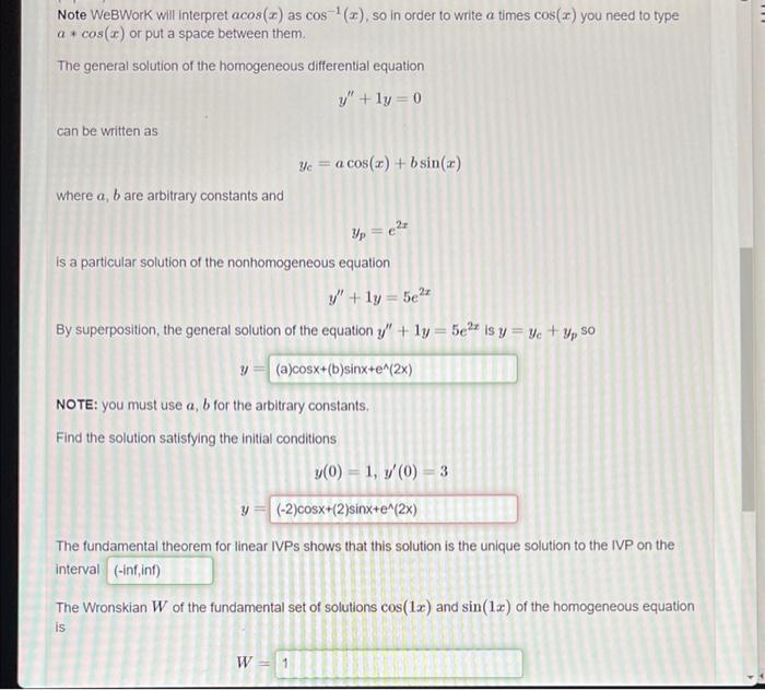 Solved + Note WeBWork will interpret acos(x) as cos"), so in | Chegg.com
