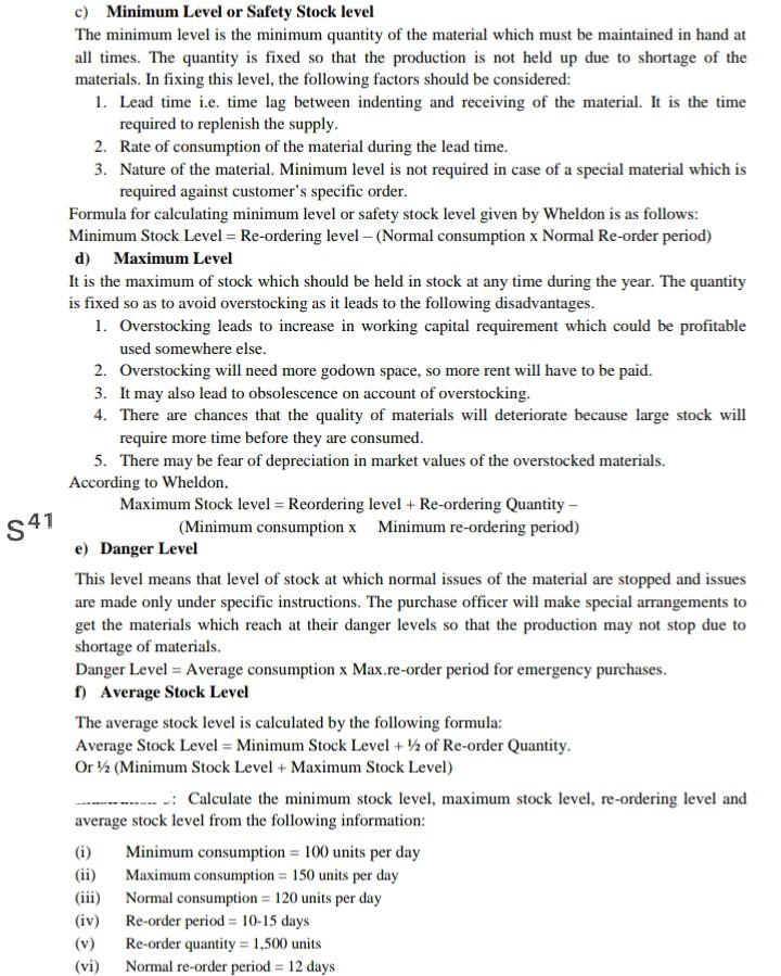 Solved c) Minimum Level or Safety Stock level The minimum | Chegg.com