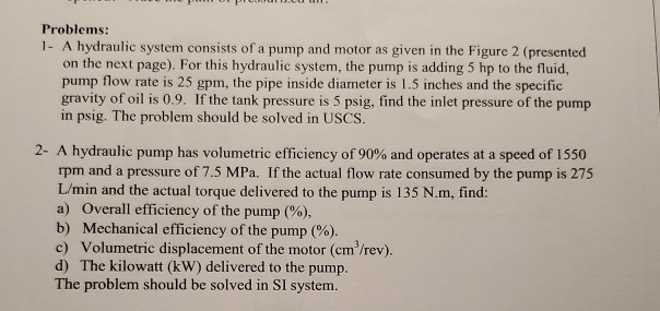 Solved Problems: 1- A hydraulic system consists of a pump | Chegg.com
