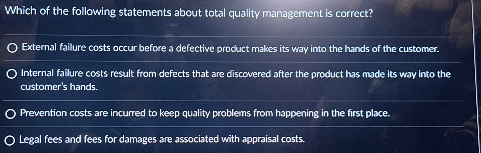 Solved Which of the following statements about total quality | Chegg.com