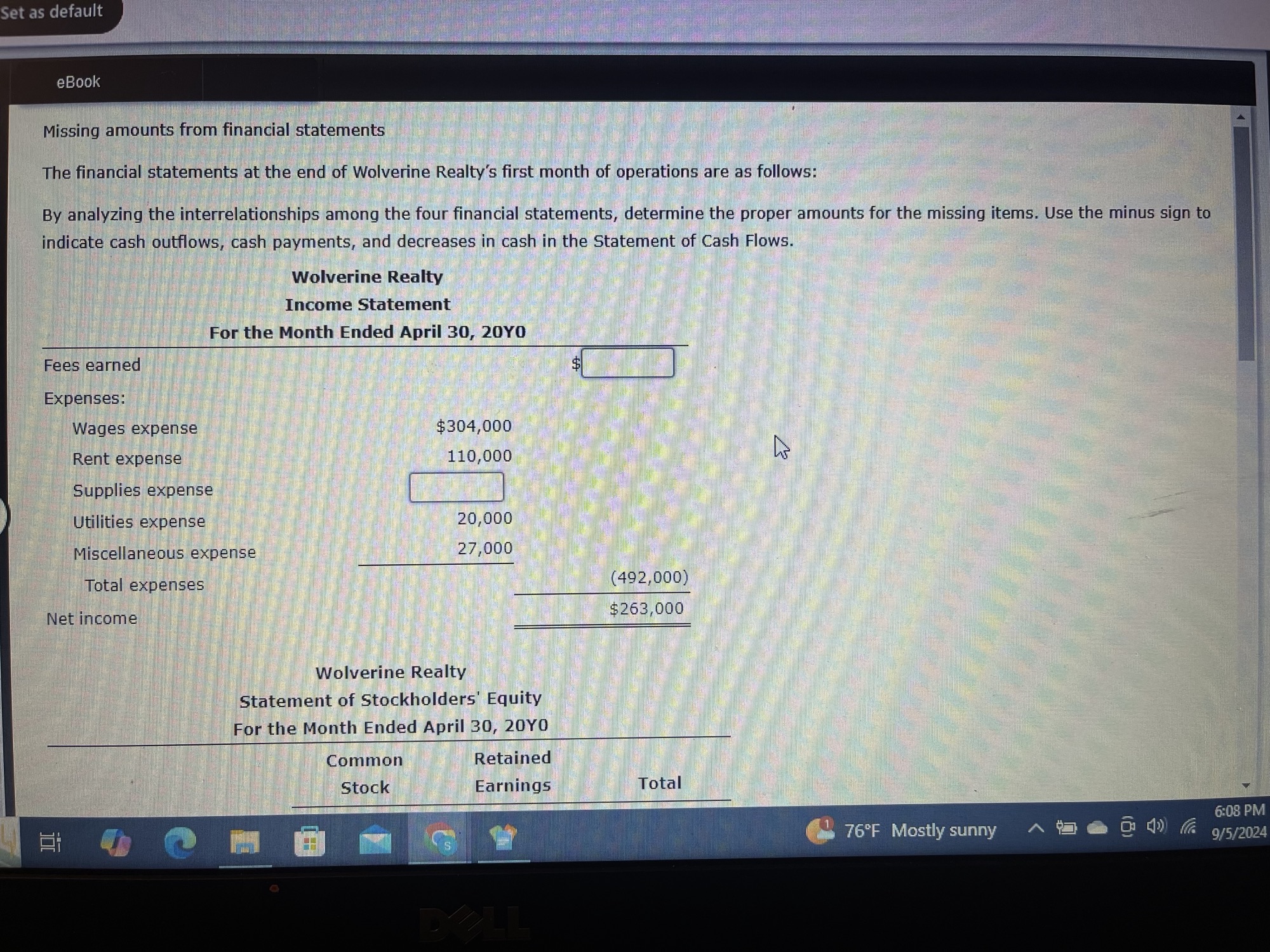 Solved Missing amounts from financial statements Missing | Chegg.com