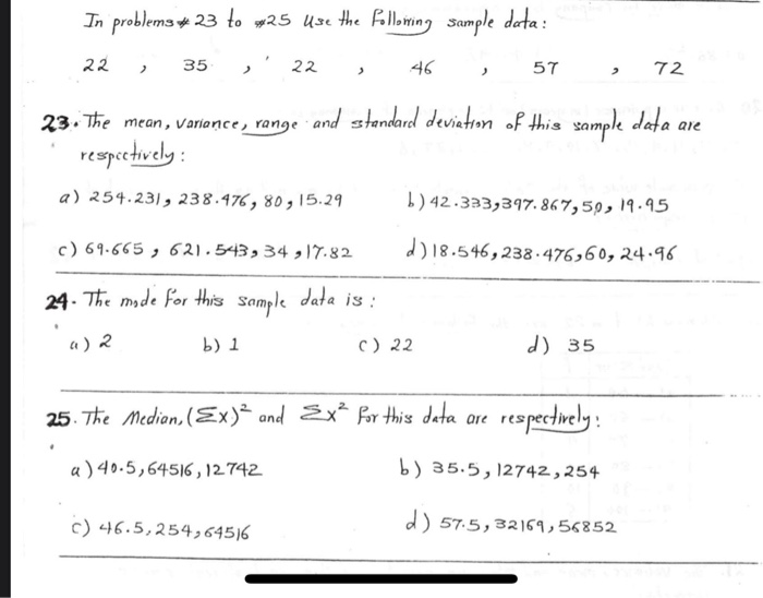 Solved In problems * 23 to 925 use the following sample | Chegg.com