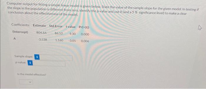 Solved Computer output for fitting a simple linear model is | Chegg.com