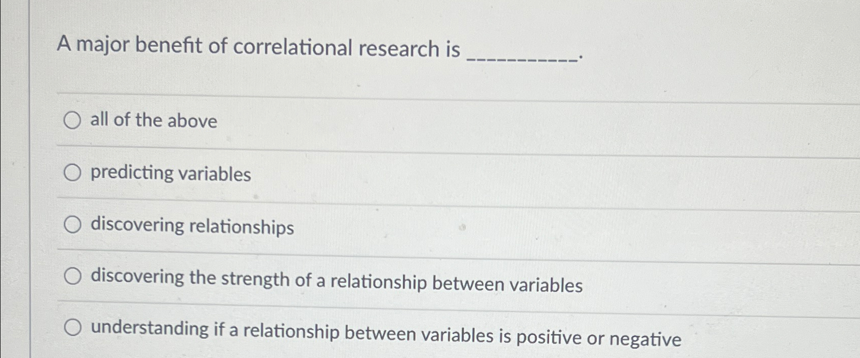 Solved A major benefit of correlational research isall of | Chegg.com