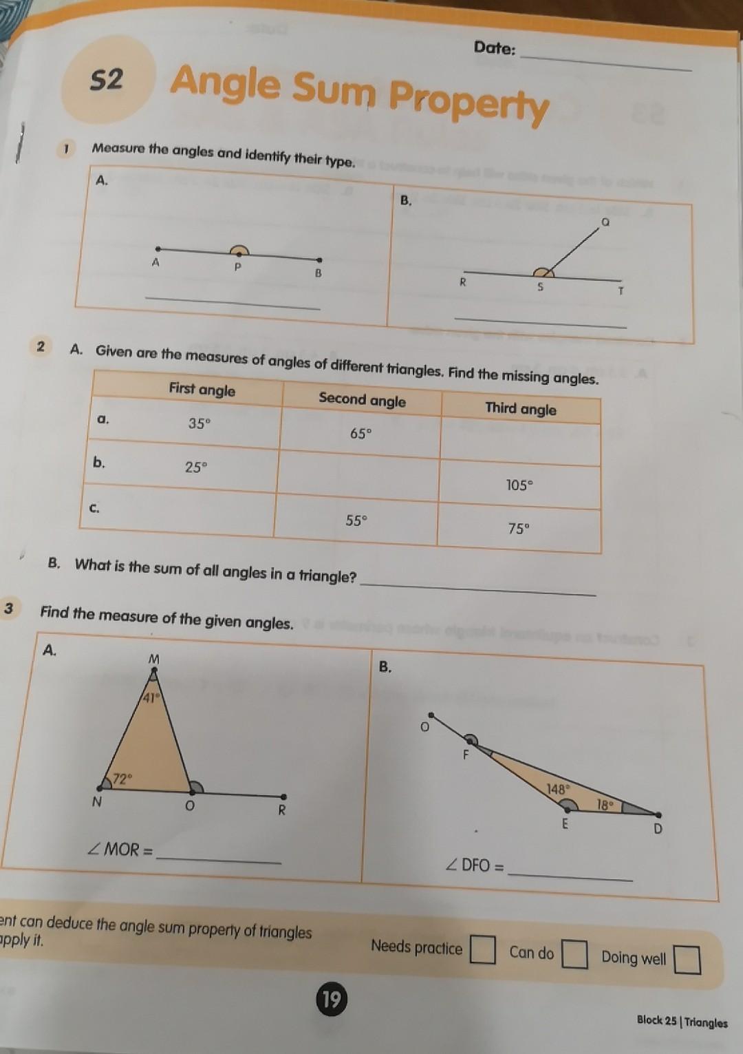 Solved Date: 52 Angle Sum Property Measure the angles and | Chegg.com