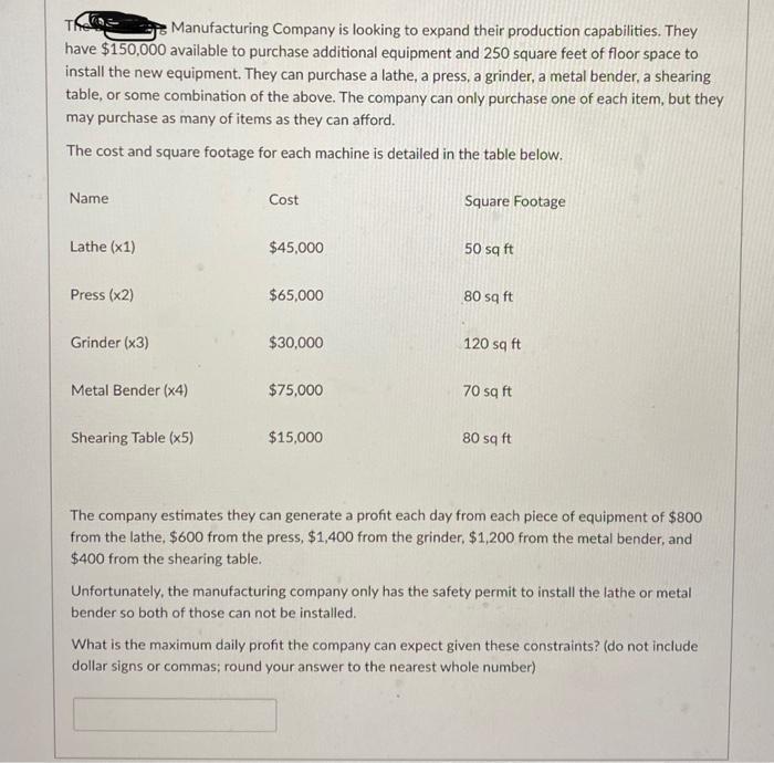 Solved Th Manufacturing Company is looking to expand their | Chegg.com