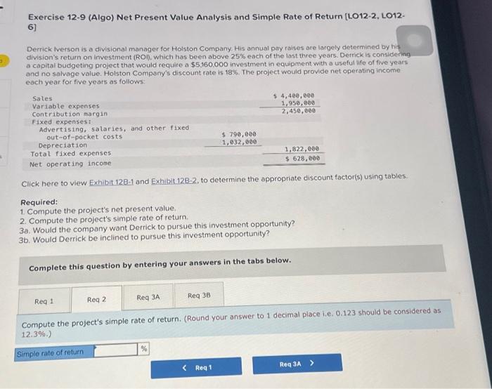 Solved Exercise 12-9 (Algo) Net Present Value Analysis and | Chegg.com