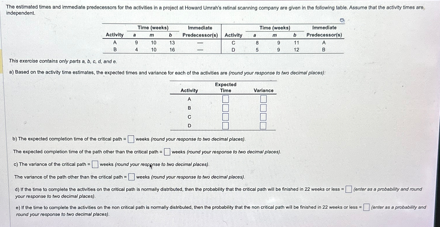 Solved The estimated times and immediate predecessors for | Chegg.com
