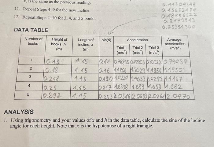 Solved 11. Repeat Steps 4−9 for the new incline. 0.11304348 | Chegg.com