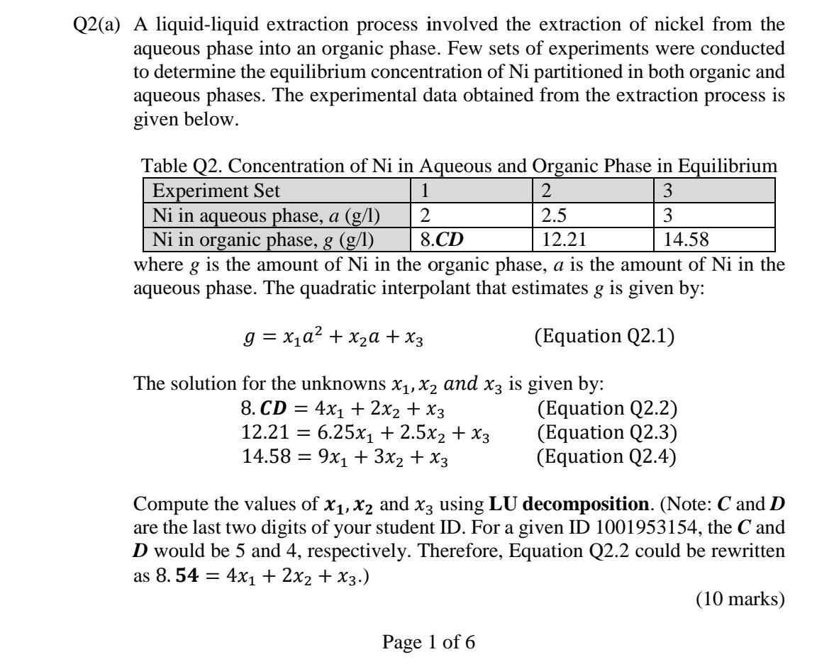 Solved Q2(a) A liquid-liquid extraction process involved the | Chegg.com