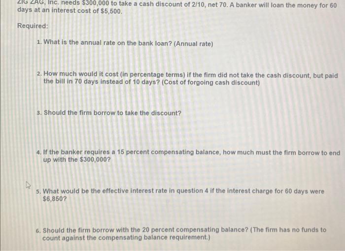 Solved ZIG ZAG, Inc. needs $300,000 to take a cash discount | Chegg.com