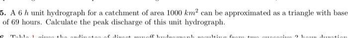 Solved 5. A 6 h unit hydrograph for a catchment of area 1000 | Chegg.com