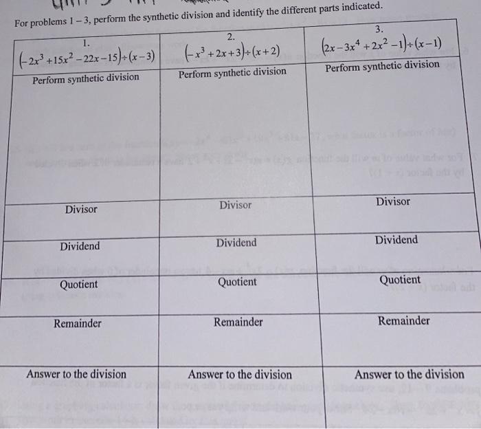 Solved For problems 1 - 3, perform the synthetic division | Chegg.com