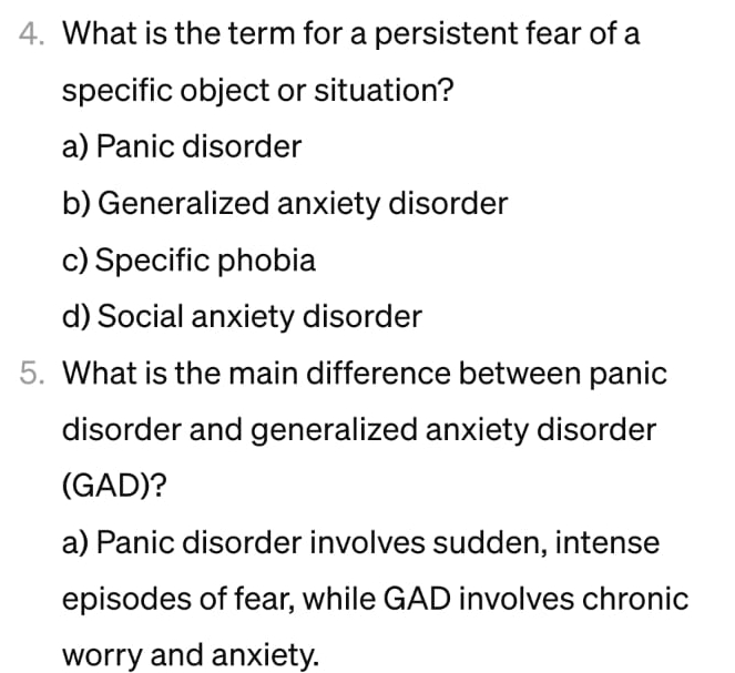 Solved What is the term for a persistent fear of a specific | Chegg.com