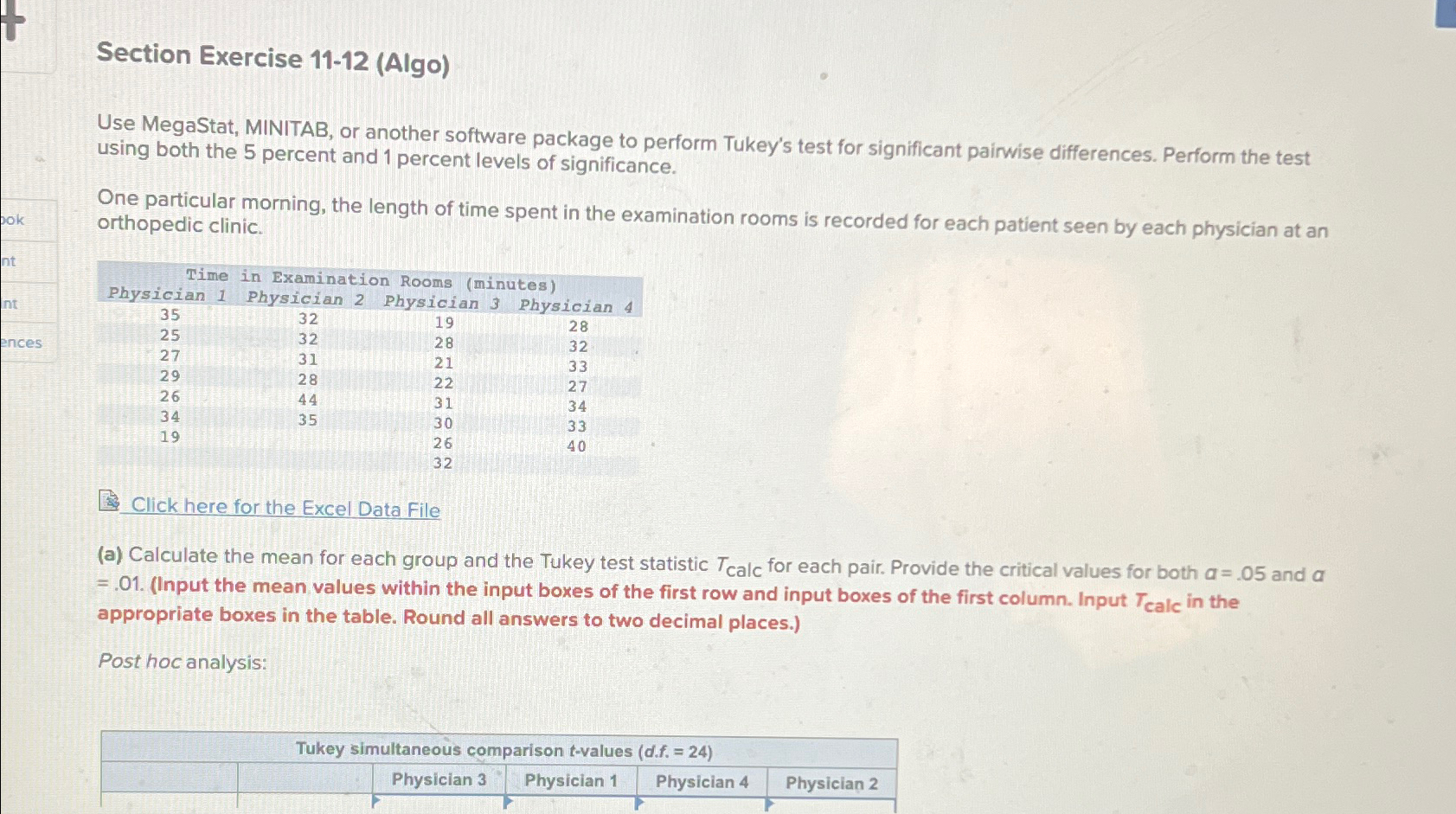 Solved Section Exercise 11-12 (Algo)Use MegaStat, MINITAB, | Chegg.com