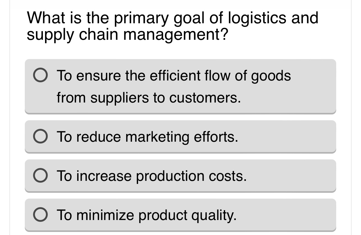 Solved What is the primary goal of logistics and supply | Chegg.com