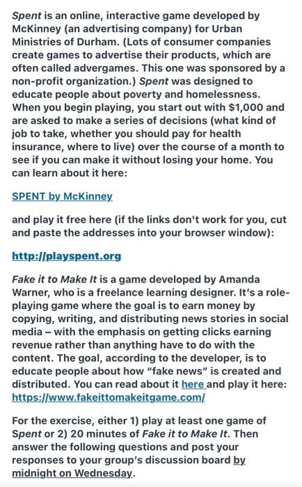 Spent is an online, interactive game developed by | Chegg.com