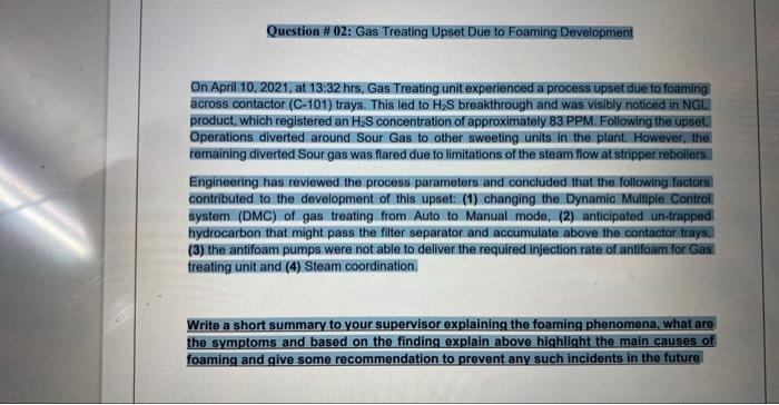 Question \# 03: Gas Treat DGA Reclaimers Performance | Chegg.com