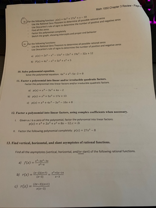 Solved Math 1050 Chapter 3 Review - Pape 1.) For the | Chegg.com