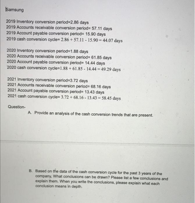 Solved Samsung 2019 Inventory conversion period=2.86 days | Chegg.com