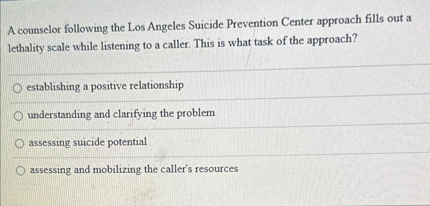 Solved A counselor following the Los Angeles Suicide | Chegg.com