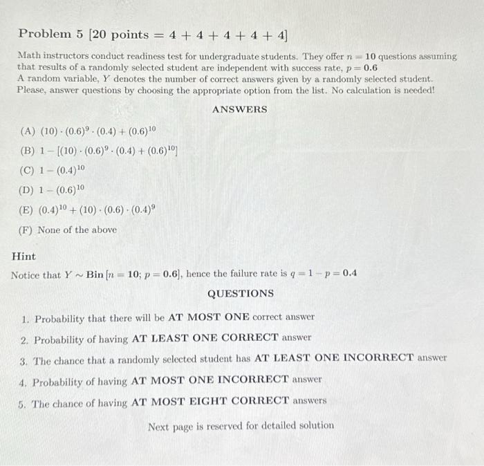 Solved Problem 5[20 points =4+4+4+4+4] Math instructors | Chegg.com