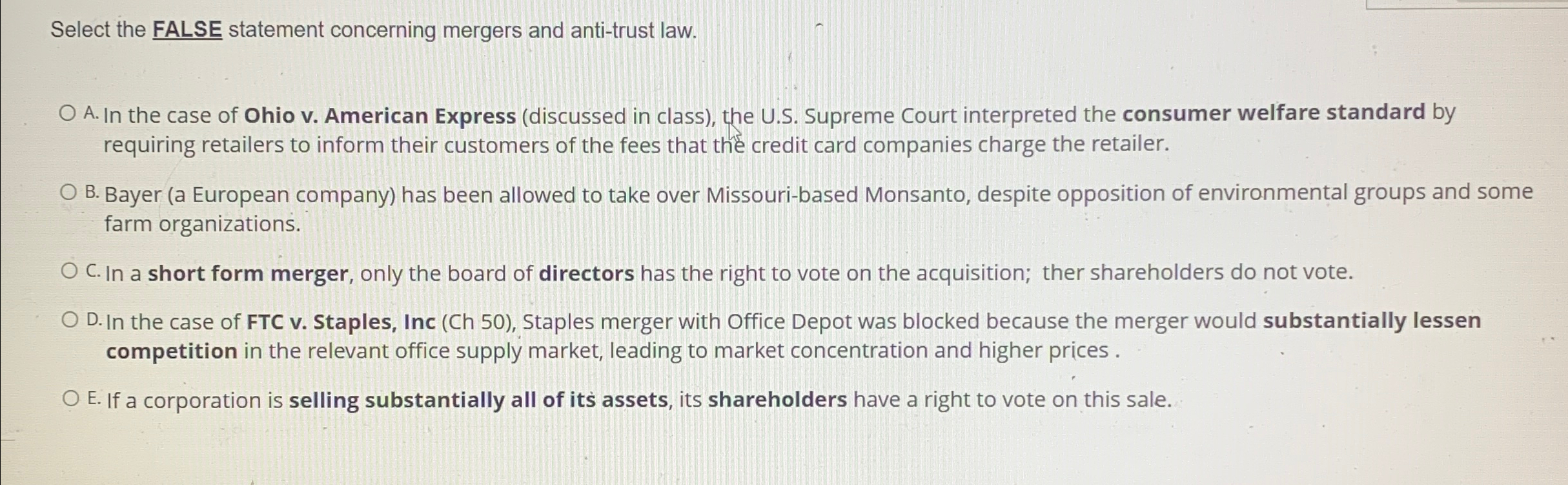 Solved Select the FALSE statement concerning mergers and | Chegg.com