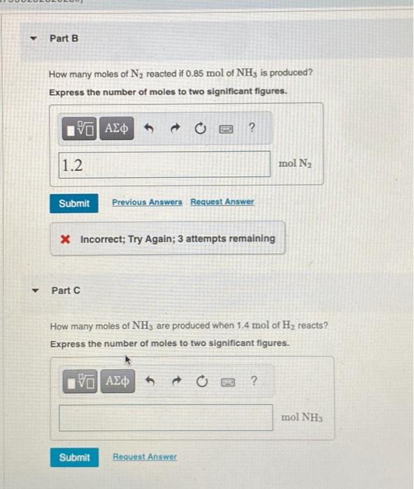 Solved How many moles of N2 reacted if 0.85 mol of NH3 is | Chegg.com