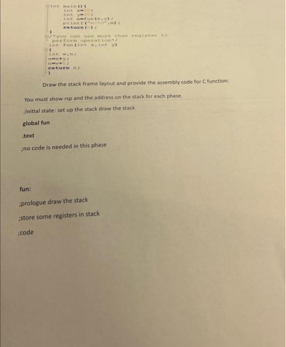 Solved .text int main() { int x=20; int y=30; int m=fun | Chegg.com