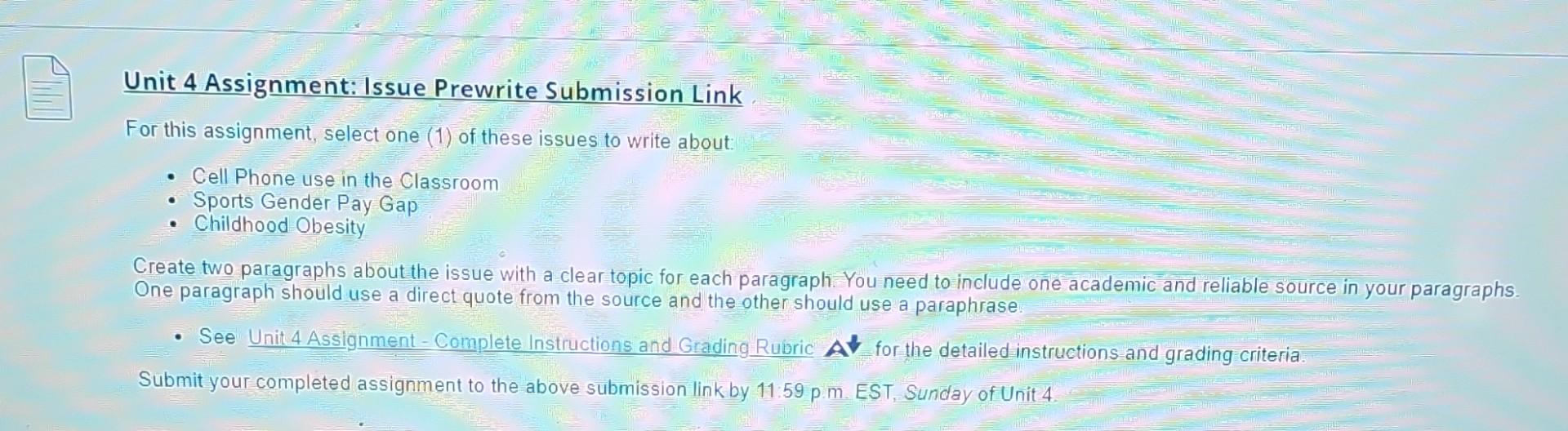 Unit 4 Assignment: Issue Prewrite Submission Link For | Chegg.com