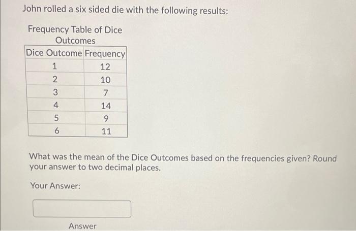 Solved John rolled a six sided die with the following | Chegg.com