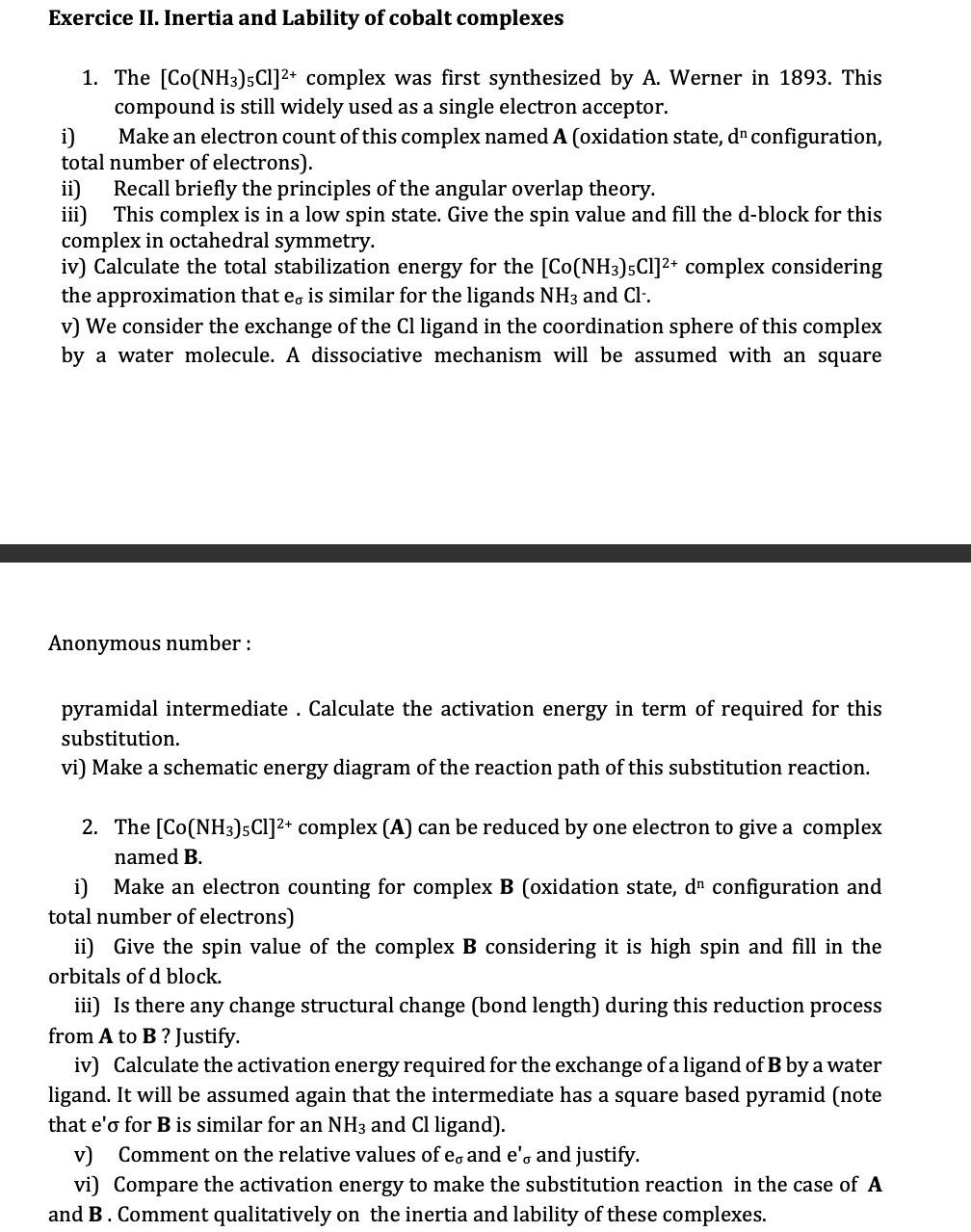 Solved Exercice II. ﻿Inertia and Lability of cobalt | Chegg.com
