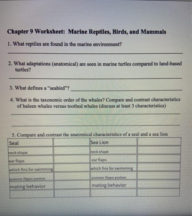 Solved Chapter 9 Worksheet: Marine Reptiles, Birds, and | Chegg.com