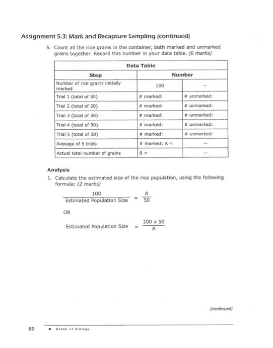 Assignment 5.3: Mark and Recapture Sampling (20 | Chegg.com