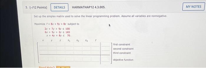 Solved Set up the simplex matrix used to solve the lines | Chegg.com