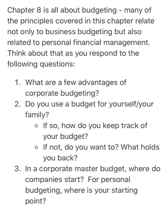 Solved Chapter 8 is all about budgeting - many of the | Chegg.com