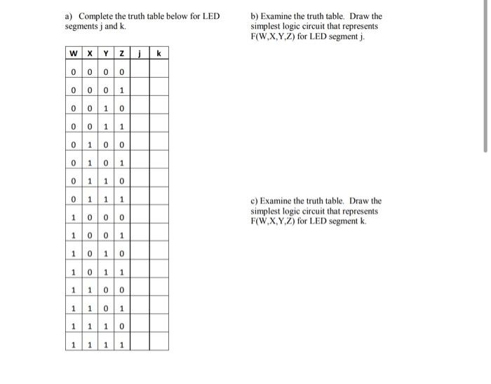 a) Complete the truth table below for LED segments j | Chegg.com