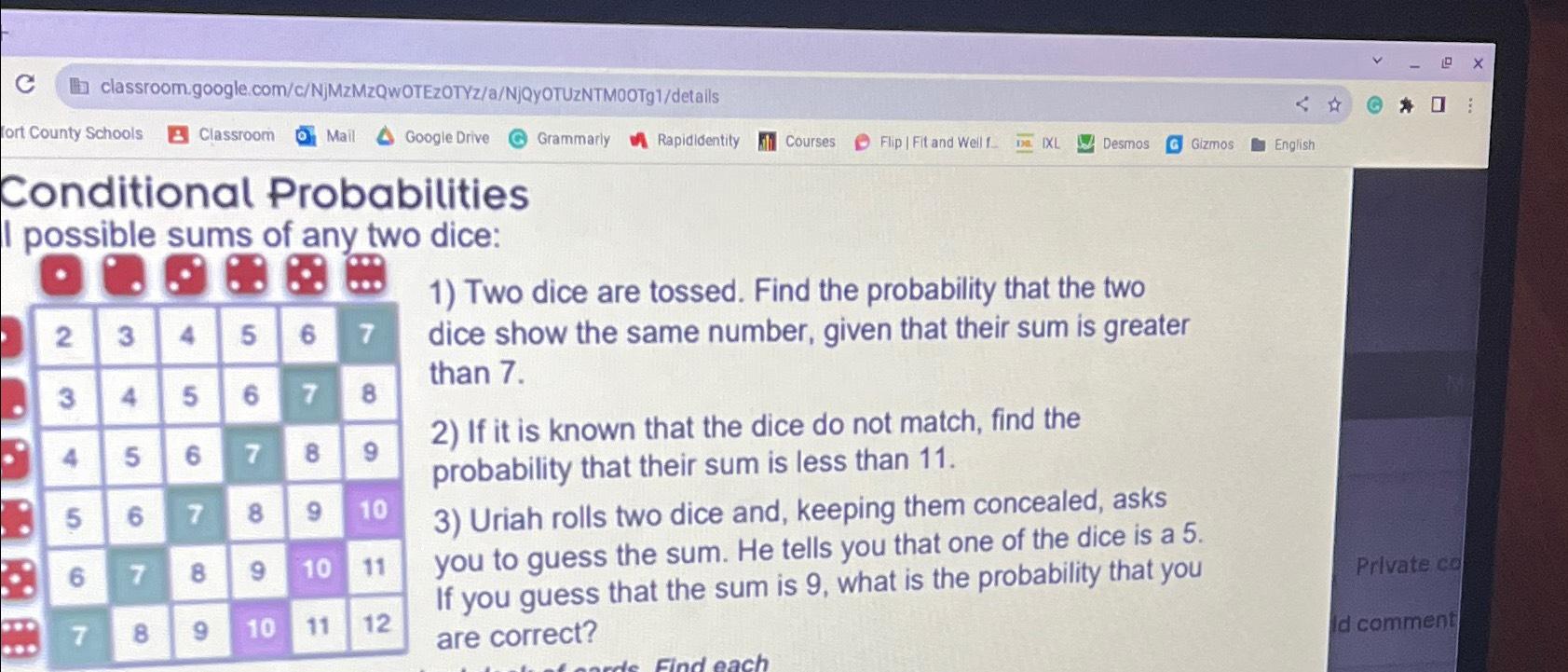 Solved Conditional ProbabilitiesI possible sums of any two | Chegg.com