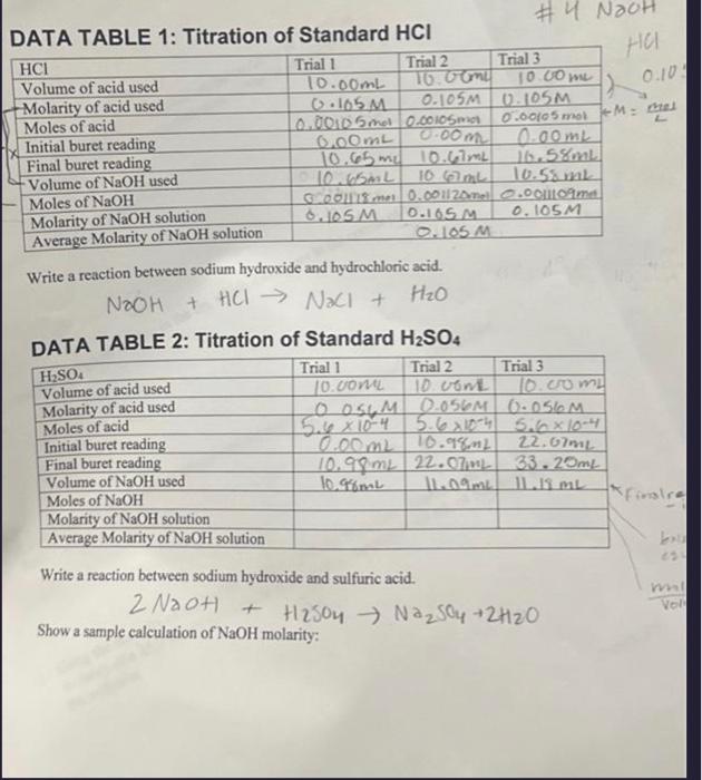 Solved DATA TABLE 1: Titration of Standard HCl Write a | Chegg.com