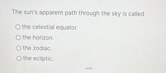 The sun's apparent path through the sky is called the | Chegg.com