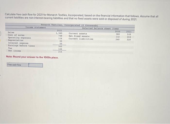 Solved Calculate free cash flow for 2021 for Monarch | Chegg.com