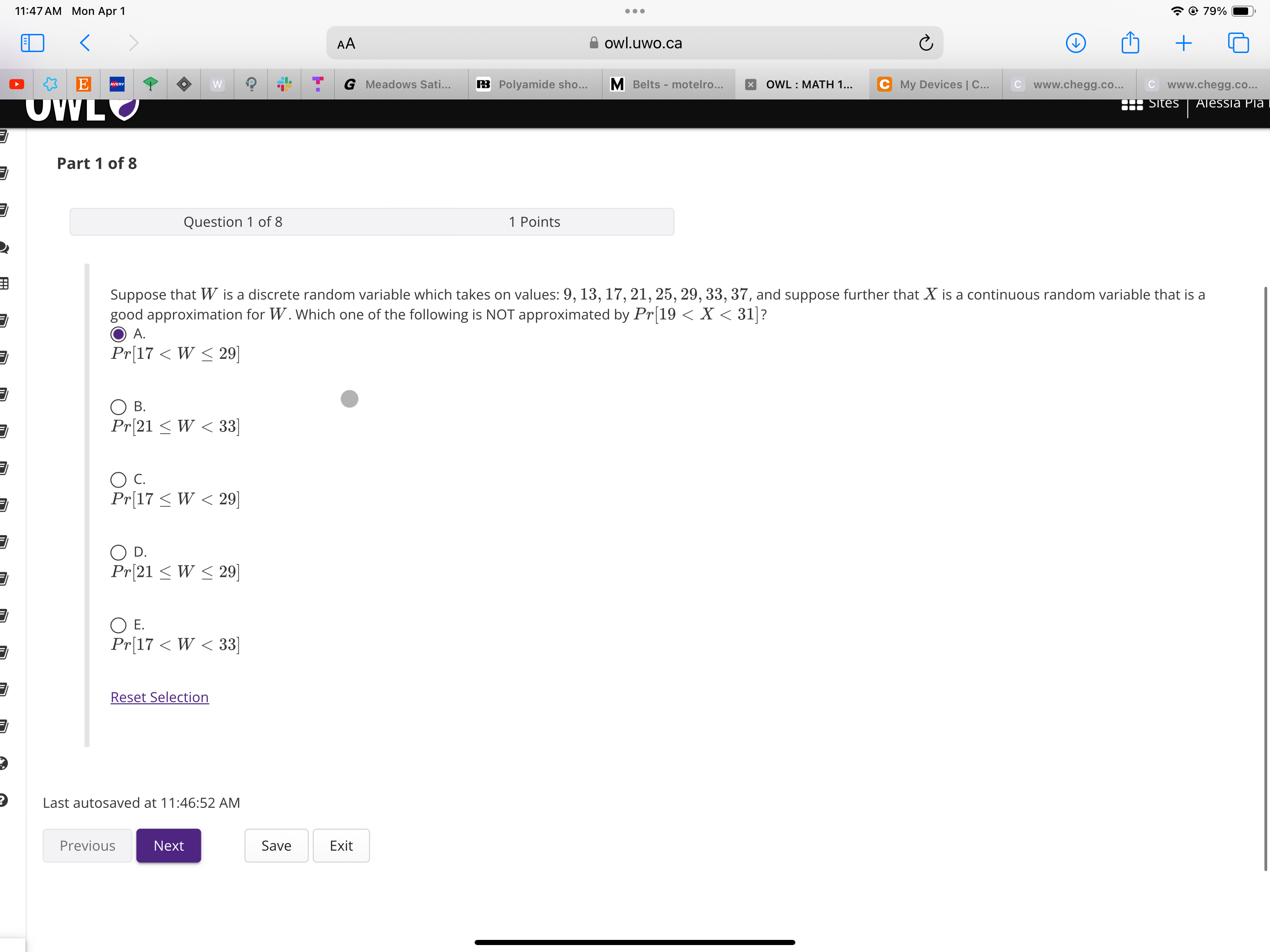 Solved Question 1 ﻿of 8Suppose that W ﻿is a discrete random | Chegg.com