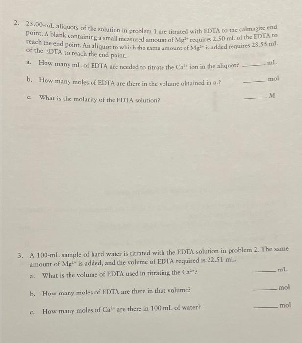 Solved 2. 25.00-ml aliquots of the solution in problem 1 are | Chegg.com