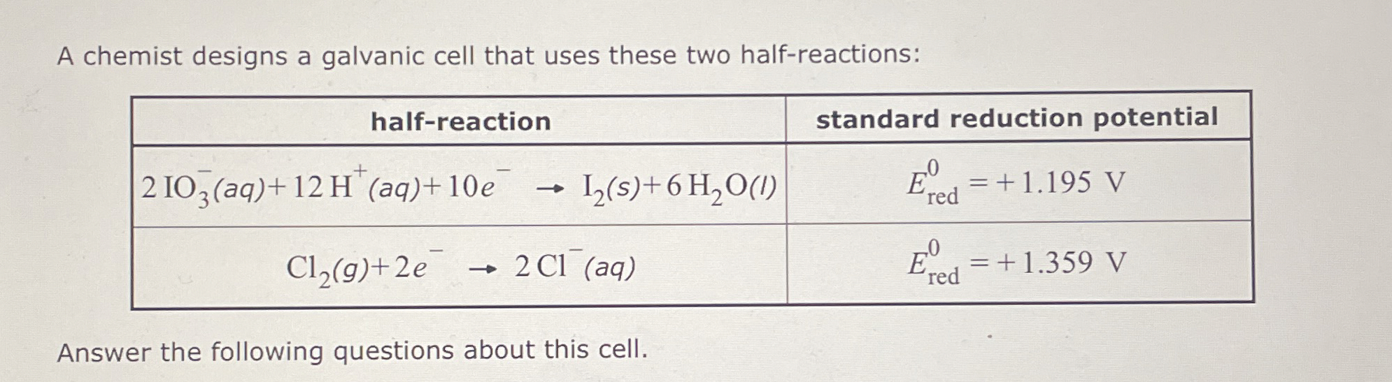 Solved A chemist designs a galvanic cell that uses these two | Chegg.com