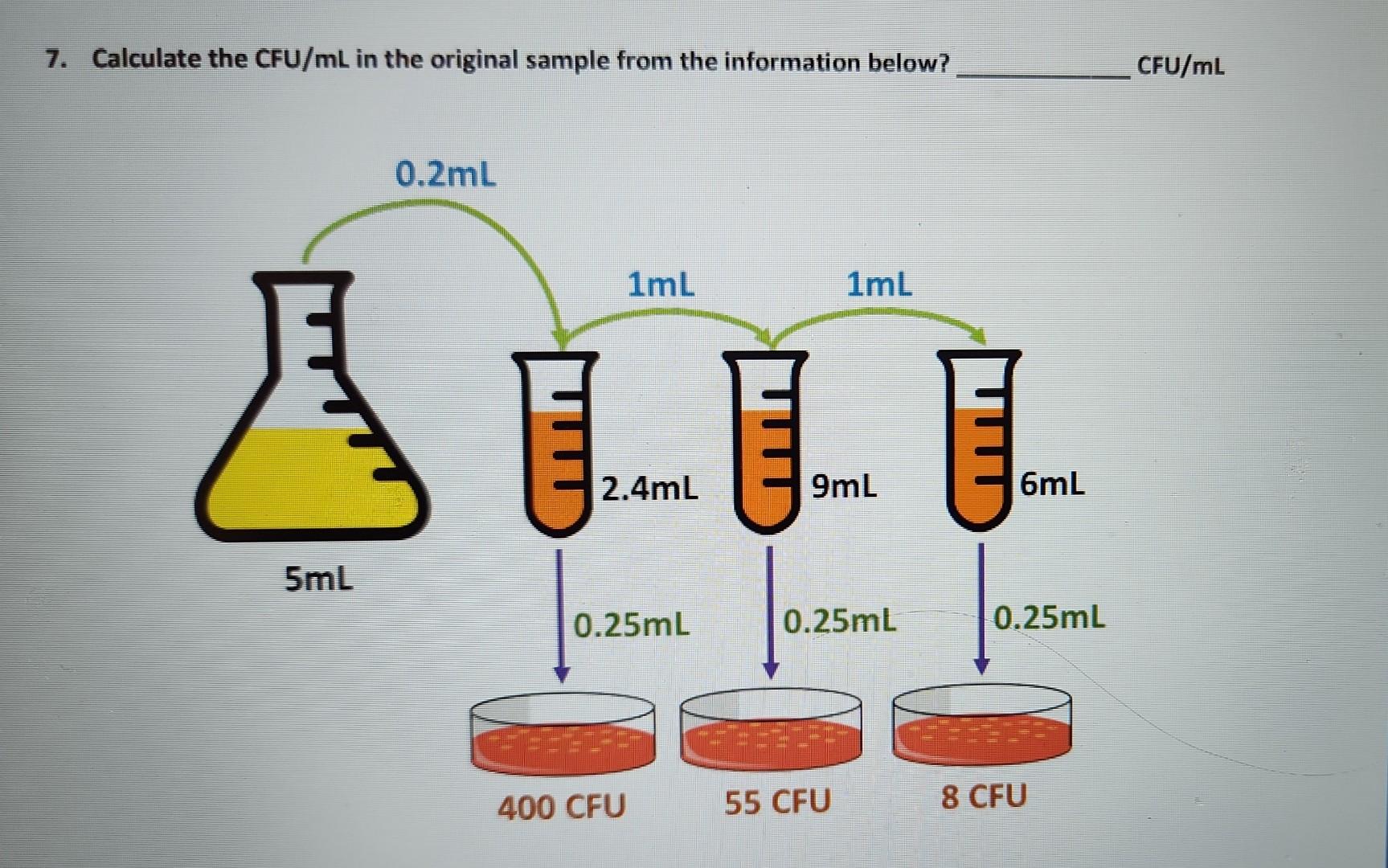 Solved 7. Calculate the CFU/mL in the original sample from | Chegg.com