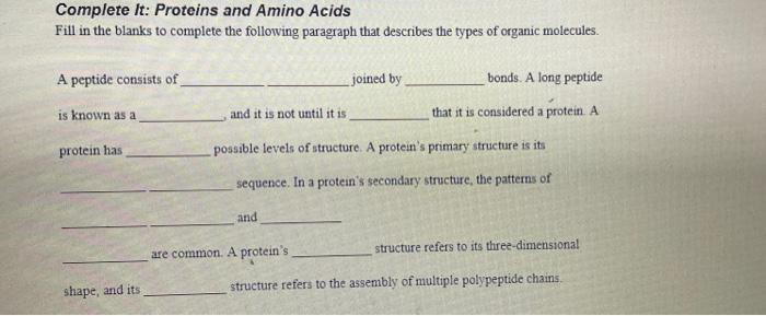 Solved Complete It: Proteins and Amino Acids Fill in the | Chegg.com