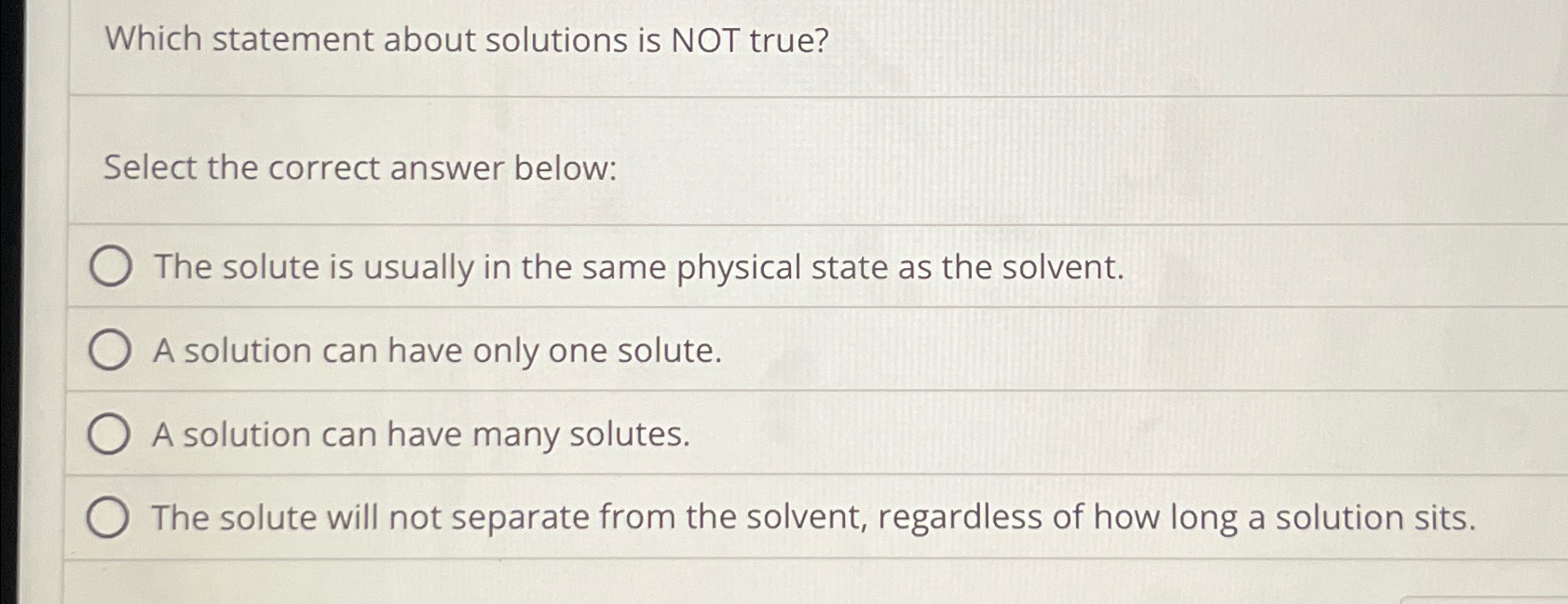 Solved Which statement about solutions is NOT true?Select | Chegg.com