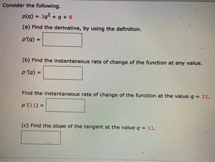 Solved Consider the following. p(q) = 3q2 + 9 + 8 (a) Find | Chegg.com