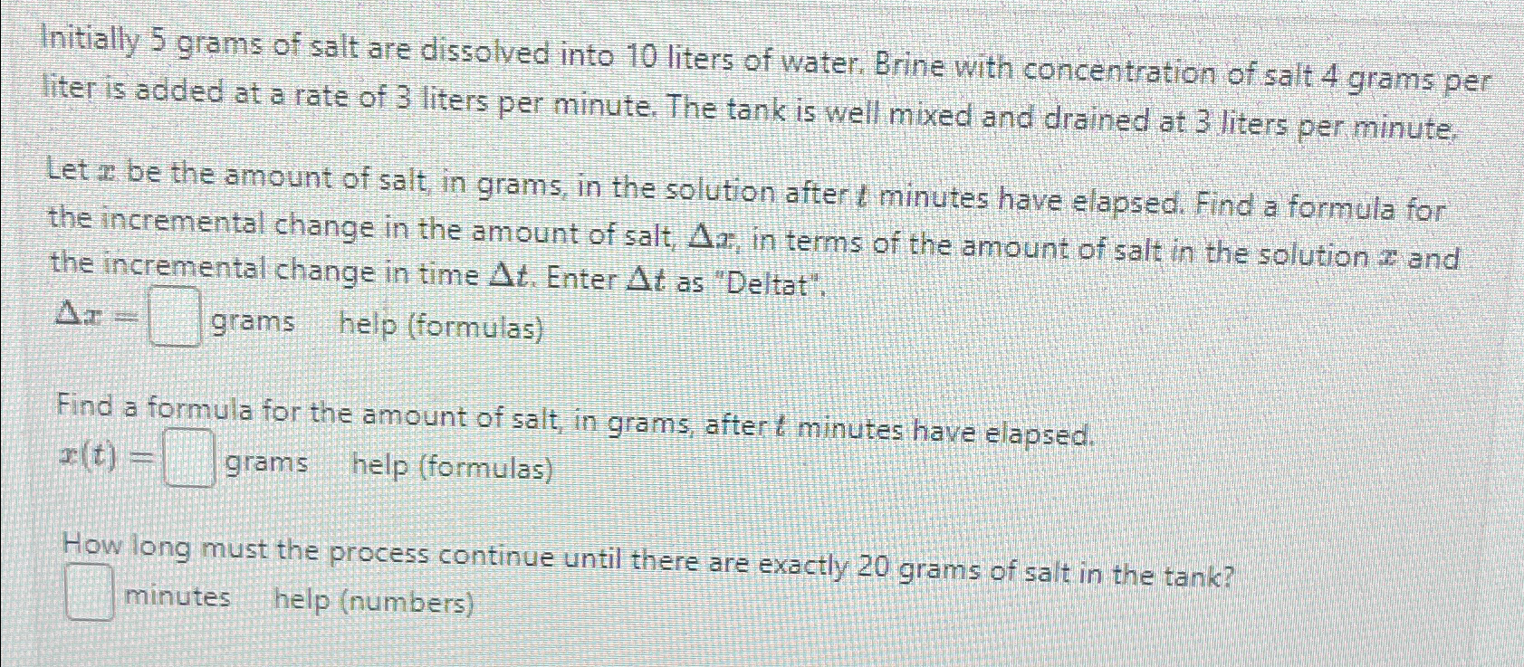 Solved Initially 5 ﻿grams of salt are dissolved into 10 | Chegg.com