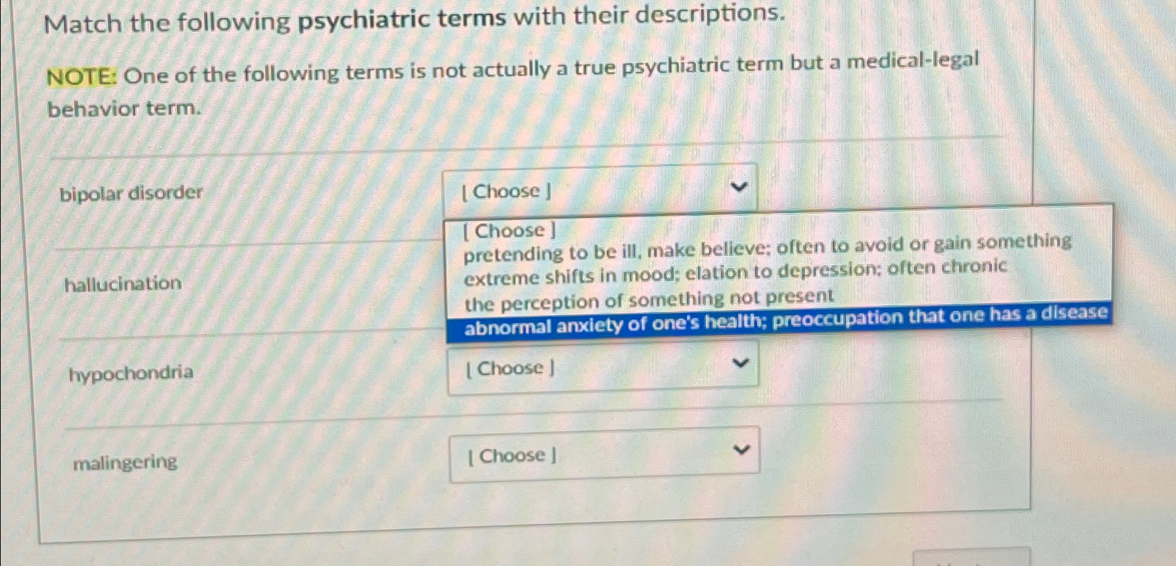 Solved Match the following psychiatric terms with their | Chegg.com